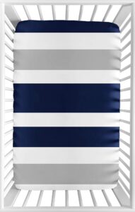 sweet jojo designs navy blue and grey baby boy fitted mini portable crib sheet for stripe collection - for mini crib or pack and play only