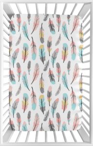 sweet jojo designs coral and turquoise baby girl fitted mini portable crib sheet for feather collection - for mini crib or pack and play only