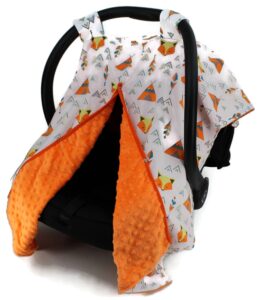 dear baby gear car seat canopy, fox and teepees, orange minky