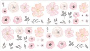 blush pink, grey and white wall decal stickers for watercolor floral collection by sweet jojo designs - set of 4 sheets