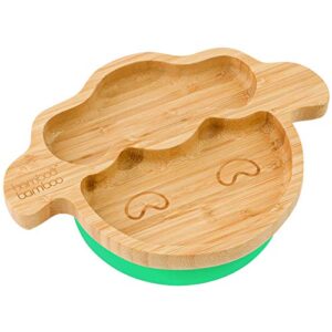 bamboo baby plate with suction - kids and toddler suction cup plate for babies, non-toxic all-natural bamboo baby food plate stays cool to the touch for baby-led weaning (lamb - green)