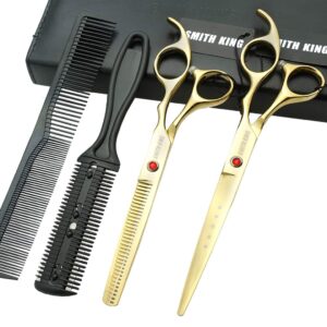 7.0 inches hair cutting scissors set with combs lether scissors case,hair cutting shears hair thinning shears for personal and professional (gold)