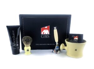 g.b.s men’s faux ivory shaving gift set, 5 blade compatible ivory handle razor, ceramic ivory shaving mug, shaving brush, sandalwood aftershave, natural shaving soap & razor stand grooming kit for men