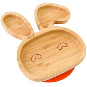 bamboo baby plate with suction - kids and toddler suction cup plate for babies, non-toxic all-natural bamboo baby food plate stays cool to the touch for baby-led weaning (bunny-orange)