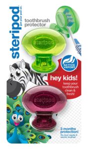 steripod kids clip-on toothbrush protector (2-pack purple & green glitter pods)