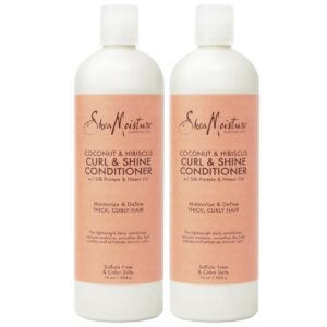 sheamoisture hair conditioner curly hair products, coconut & hibiscus curl & shine conditioner, shea butter, coconut oil, vitamin e & neem oil, frizz control, family size (2-pack, 16 fl oz ea)