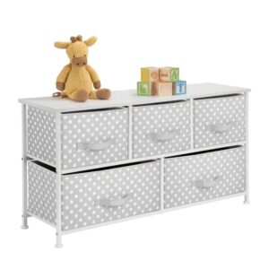 mdesign 21.65" high steel frame/wood top storage dresser furniture with 5 fabric drawers, wide bureau organizer for for baby, kid, and teen bedroom, nursery, playroom, dorm - gray/white polka dot