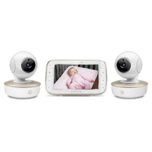 motorola video baby monitor - 2 wide angle hd cameras with infrared night vision and remote pan, tilt, zoom - 5-inch lcd color display with split screen view, room temperature and sound alert mbp50-g2