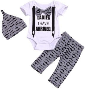 kashoer 3pcs newborn baby boy girls bowtie letters romper suit+long moustache pant+hat kid playsuit (white, 0-3months)