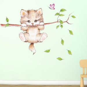 cartoon cute cat on the tree branches wall decals removable kitty wall stickers decor girls bedroom decal kids nursery sticker bathroom wall art decoration kitty decals cats wall sticker