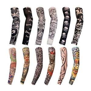 12 pcs sports arm sleeves for braces splints & slings , tattoo sleeve seamless hand warmer basketball & activities , outdoor sunscreen riding cycling elbow braces for boys , men , women color ramdoml