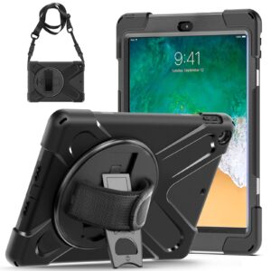 ipad 5th/6th generation case 9.7 inch 2017 2018 for kids with 360 rotating stand+hand strap | military grade heavy duty rugged shockproof case for ipad 6th/5th gen 9.7" a1893/a1954/a1822/a1823 | black