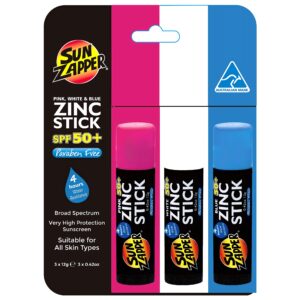 sun zapper zinc oxide sunscreen stick – spf 50+ waterproof – 3-pack (pink, white, blue) – for face & body – adults, kids, baby – travel size – made in australia