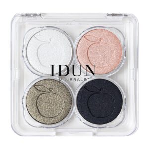 idun minerals eyeshadow palette with mirror - vitsippa - swedish eye makeup - 4 mineral eyeshadow shades of green, black, white, pink - each 0.03 oz