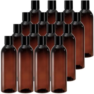 bekith 16 pack 8 ounce amber empty plastic bottles with disc top flip cap; bpa-free refillable containers for shampoo, lotions, liquid body soap, creams