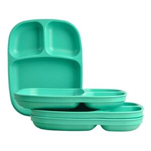 re-play made in usa large 3 compartment plates, pack of 4 - reusable divided plates for kids, dishwasher and microwave safe - durable lunch trays for kids 7.4" x 9.88" x 1.25", aqua