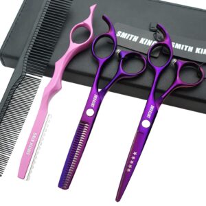 5.5 inches hair cutting scissors set with razor combs lether scissors case,hair cutting shears hair thinning shears for personal and professional (voilet)