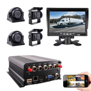 joinlgo 4 channel gps wifi 1080p ahd ssd/sd drive mobile vehicle car dvr mdvr video recorder kit real-time remote view on pc phone with 4 side rear view ir car cameras 7" screen for truck bus