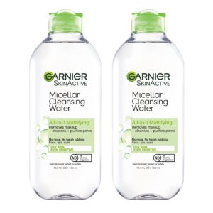 garnier micellar water for oily skin, facial cleanser & makeup remover, mattifying, for all skin types, vegan, cruelty free, 13.5 fl oz (400ml), 2 count