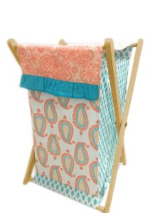 bacati - paisley kids storage (laundary hamper with wooden frame and mesh liner, coral/aqua)