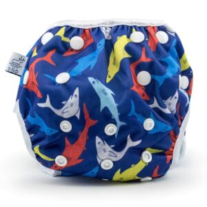 reusable baby swim diapers (sizes n–5) – adjustable, easy-wash nageuret reusable swim diaper kids soft, breathable, waterproof swim wear for baby & newborn! (sharks)