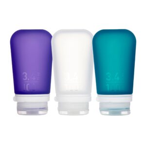 humangear gotoob+ 3-pack (large) | refillable silicone travel bottle | locking lid | food-safe material, clear/purple/teal, large (3.4 fl.oz.; 100ml)