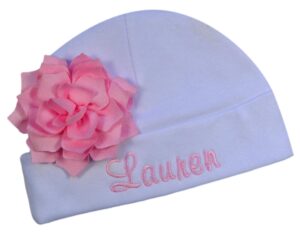 personalized embroidered baby girl hat with lotus flower your custom name (white hat/light pink flower)