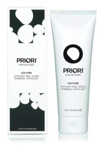 priori skincare 2xfoliant peel + scrub for face and body lactic acid retinol vitamin c, e at-home microdermabrasion anti-irritant dermatologist tested 6.8 fl oz