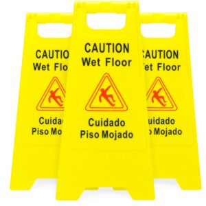 bolthead industrial caution wet floor signs | 2-sided bilingual warning, piso mojado | slip & fall accident prevention | 3 pack