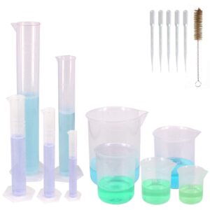 belinlen 10 pack plastic cylinders and beakers set, including 5 pack clear plastic graduated cylinders (10, 25, 50, 100, 250ml) and 5 pack plastic beakers set (50, 100, 250, 500, 1000ml)