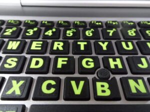 keyboard stickers with big luminescent extra large symbols. 200 inlay set. 3 yr. warranty. will not wear or fade. u.s. english laptop & pc. also includes pocket/purse magnifier, usb led & tweesers.