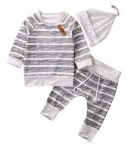 besokuse newborn baby boys girls hooded sweatshirt t-shirt tops+striped pants kids outfits clothes set (grey stripe, 0-3months)