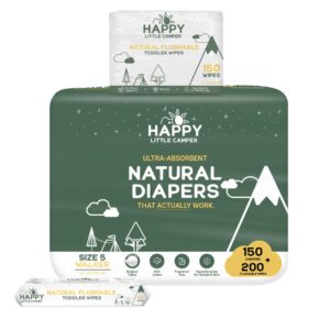 happy little camper ultra-absorbent natural baby diapers size 5 - hypoallergenic, unscented & chlorine-free disposable diapers (150 count) come with flushable wipes (200 count) for sensitive skin