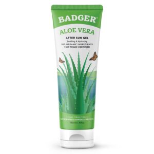 badger aloe vera gel for sunburn relief, fair trade & organic after sun care, pure cooling soothing aloe vera gel for face & skin, hypoallergenic & unscented, 4 fl oz