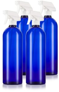 juvitus 32 oz cobalt blue boston round plastic bottles with white heavy duty industrial trigger sprayer (4 pack)