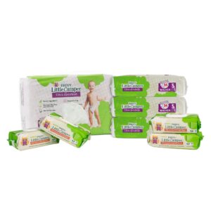 happy little camper ultra-absorbent natural baby diapers size 5 - hypoallergenic, unscented & chlorine-free disposable diapers (150 count) come with natural baby wipes (288 count) for sensitive skin