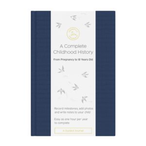 promptly journals, a complete childhood history: from pregnancy to 18 years old (navy blue, linen) | baby book and pregnancy journal | baby memory book