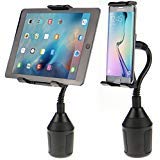 sunjoyco car cup holder mount for phone tablet, 2-in-1 car cradles adjustable gooseneck holder compatible with apple iphone, samsung galaxy tab, all smartphones & 7"-11" tablets