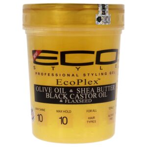 eco style gel - olive oil and shea butter black castor oil and flaxseed - superior hold and healthy shine - helps moisturize scalp - repairs damaged follicles - promotes hair growth - 32 oz