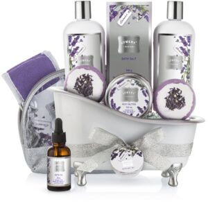 valentines bath gift basket set for women: relaxing at home spa kit scented - lavender and jasmine with large bath bombs, salts, shower gel, body butter lotion, bath oil, bubble bath, loofah & more