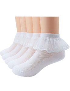 5 pack of girls white lace ruffle socks cotton baby, m(3-6t)