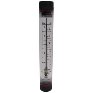 prm 1-5 gpm water rotameter flow meter, 1/2 inch fnpt connector, 316 ss plunger & travel rod, viton seals, acrylic body with pvc ends, ±4% accuracy, 85 psi max pressure