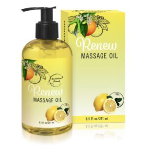 renew massage oil with orange, lemon & peppermint essential oils - great for massage therapy or home use. ideal for full body – with almond, grapeseed & jojoba – by brookethorne naturals