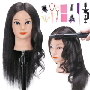 silky 100% real hair mannequin head with stand, hairdressers' practice training head and cosmotology doll head for hairstyling and braid - natural black