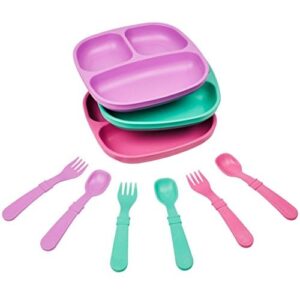 re-play made in usa - 3 meals a day set - 3 divided plates, 3 sets of utensils - bpa free, made from environmentally friendly recycled milk jugs - sparkle without bowls