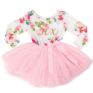 grace & lucille children's birthday dress (6th birthday) (pink floral long sleeve, gold, 6t)