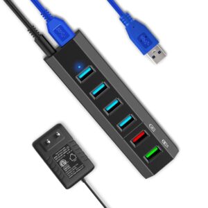 usb hub, aiibe 6 ports super high speed usb 3.0 hub splitter + 24w power adapter + usb 3.0 cable, black smart fast charger powered usb hub for laptop, mac, pc, mobile hdd, mulitple devices