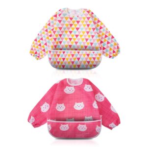 little dimsum full sleeved feeding bib 2 pack,baby & toddler waterproof bib apron,food protection large pocket eating smock 6-36 months