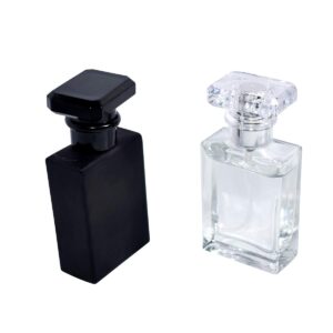 4 pack-30ml +10ml flint glass refillable perfume bottle, square portable cologne atomizer empty bottle with spray applicator for travel (transparent and black)