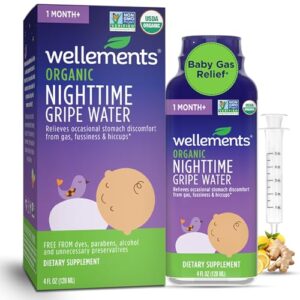 wellements organic nighttime gripe water for babies 1 month+ (4 fl oz) - baby gripe water for bedtime relief gas, colic & fussiness - herbs promote a peaceful night’s sleep - usda certified & non gmo